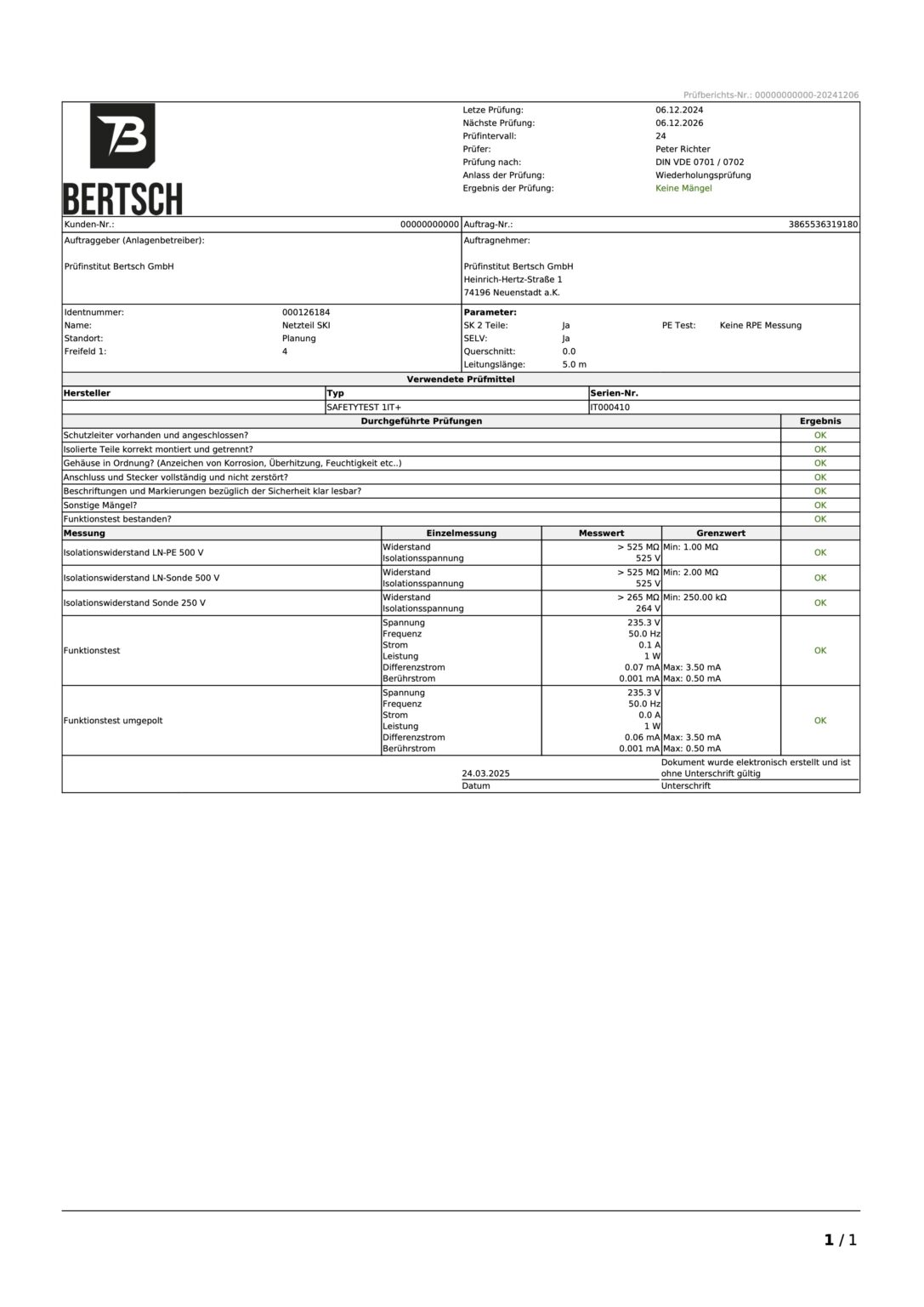 DGUV V3 Prüfprotokoll | Prüfinstitut Bertsch